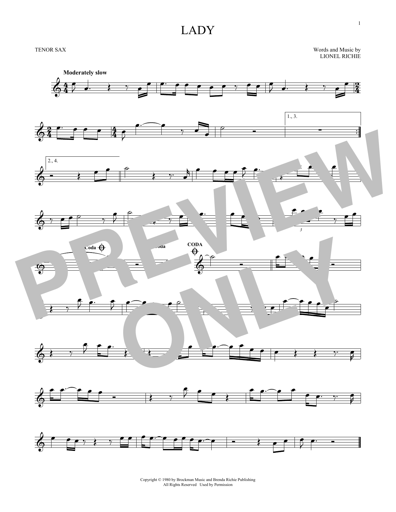 Download Kenny Rogers "Lady" Sheet Music & PDF Chords | Alto Sax Solo ...