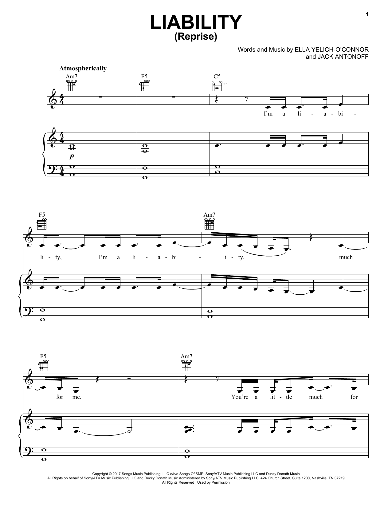 Lorde "Liability (Reprise)" Sheet Music & Chords for Piano, Vocal ...