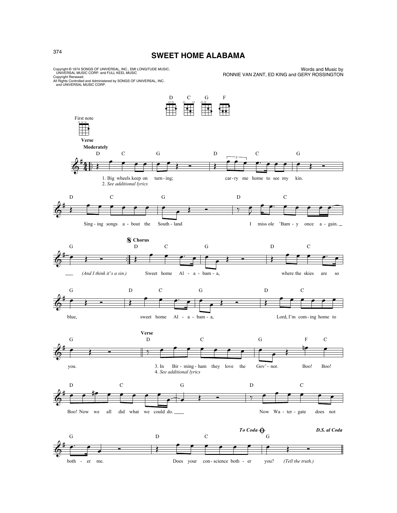 Lynyrd Skynyrd "Sweet Home Alabama" Sheet Music for Piano, Vocal ...