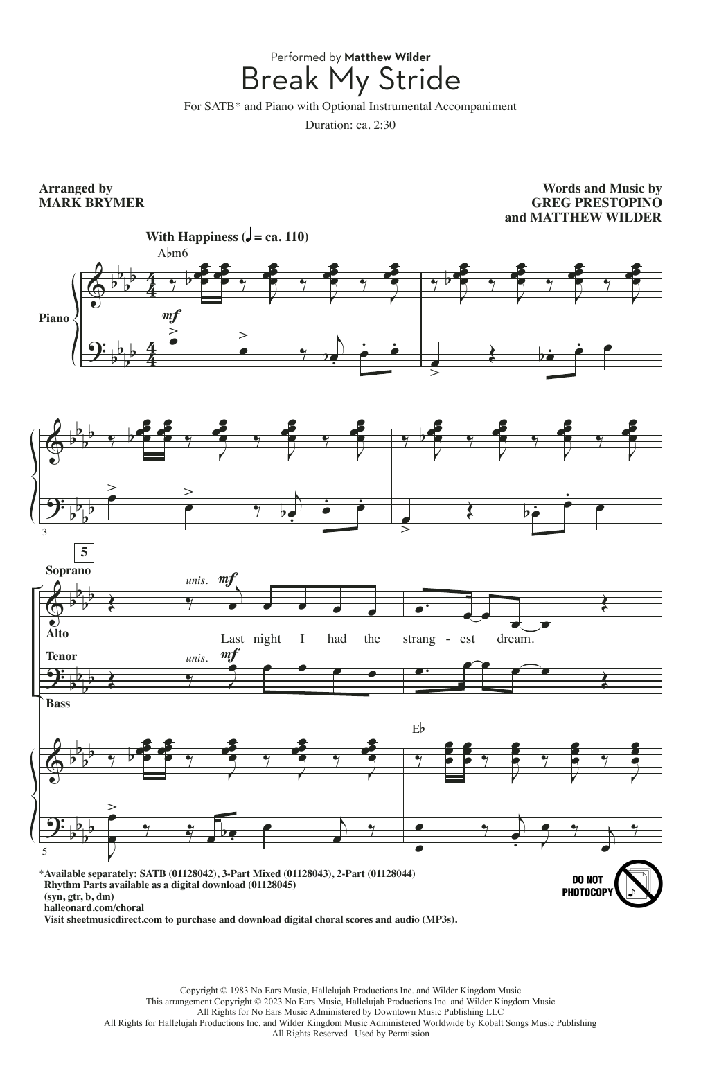 Matthew Wilder "Break My Stride (arr. Mark Brymer)" Sheet Music ...