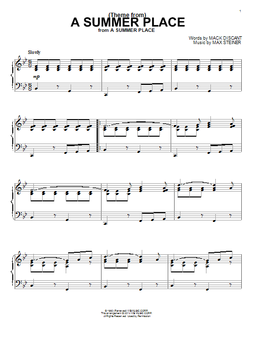 Max Steiner A Summer Place Sheet Music For Easy Piano Download PDF