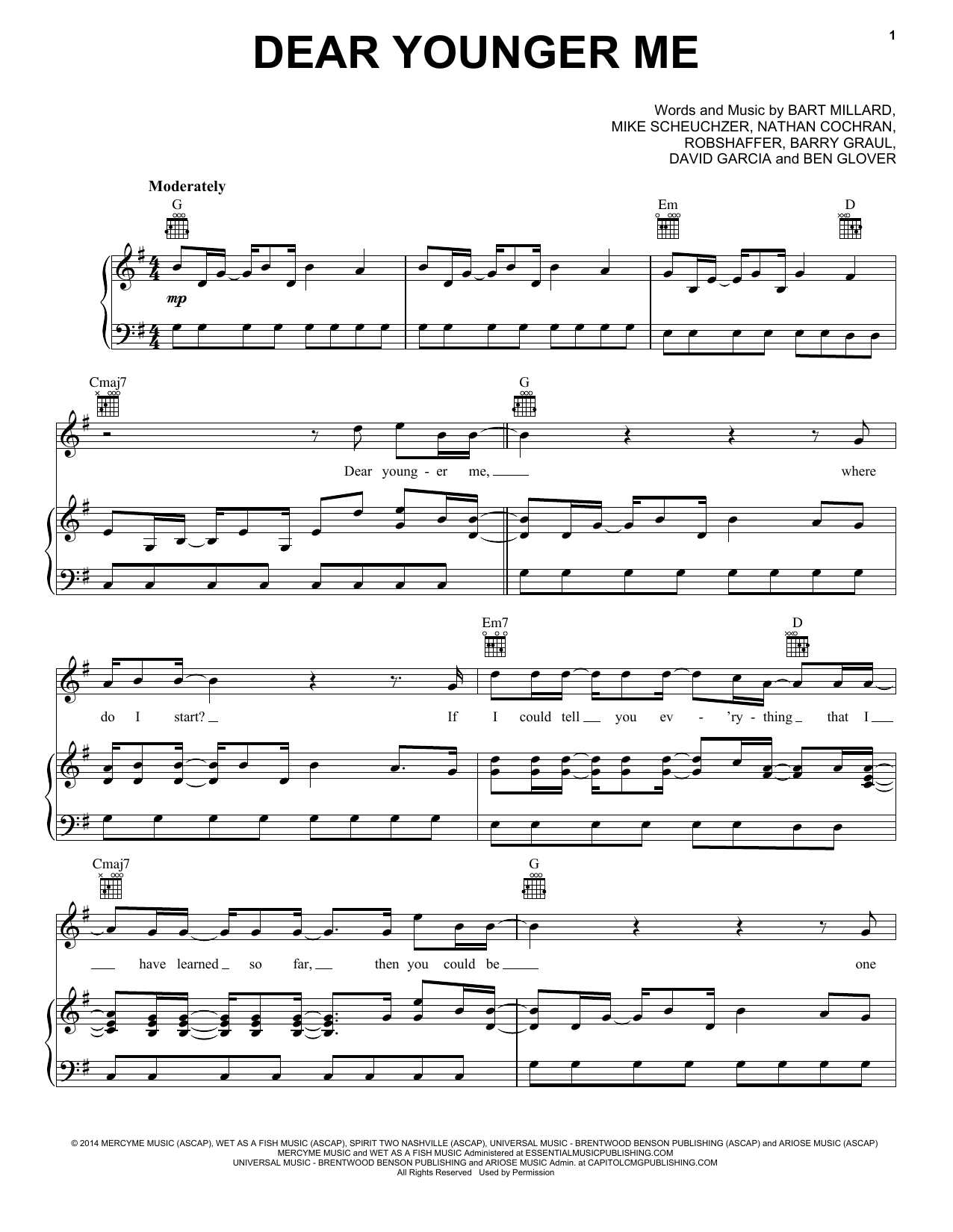 MercyMe "Dear Younger Me" Sheet Music for Piano, Vocal & Guitar ...