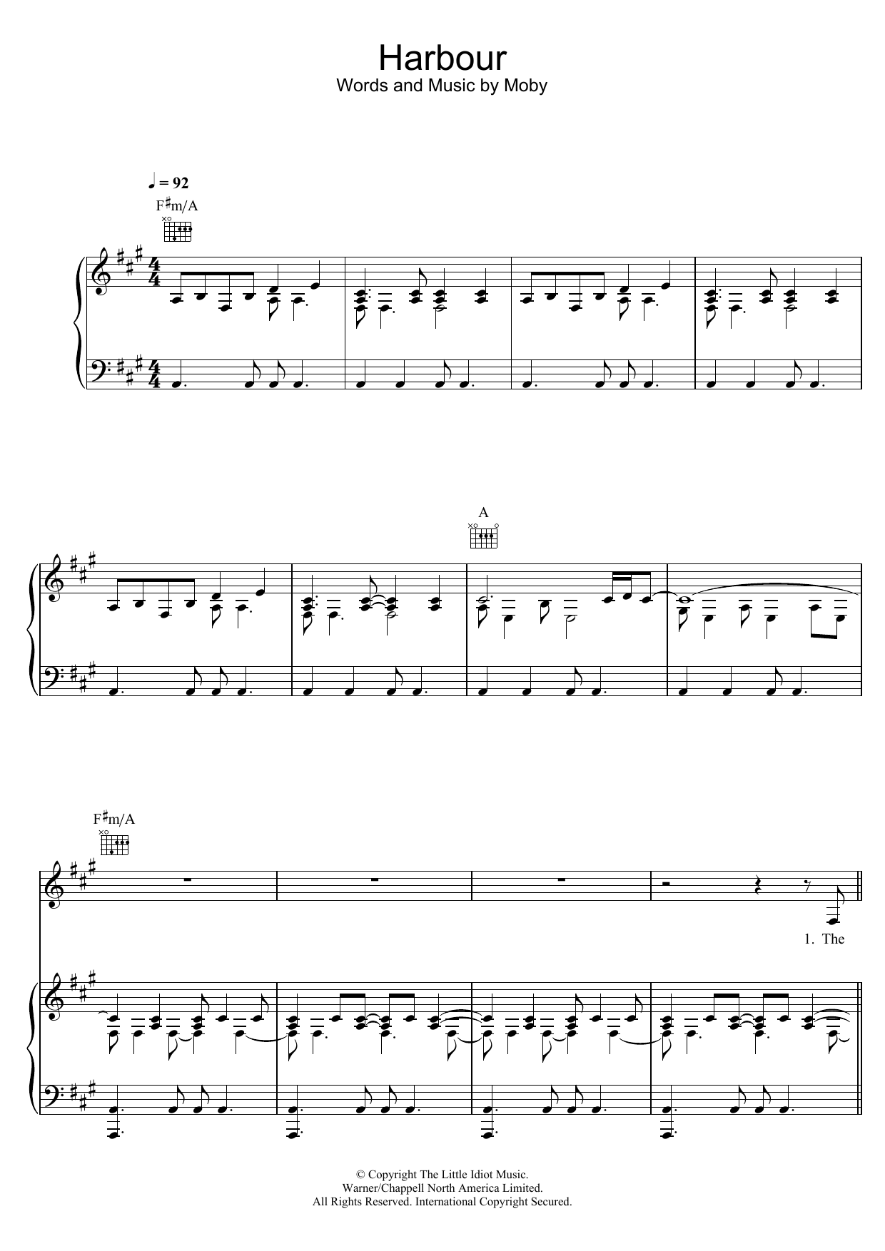 Moby "Harbour" Sheet Music & Chords for Piano, Vocal & Guitar ...
