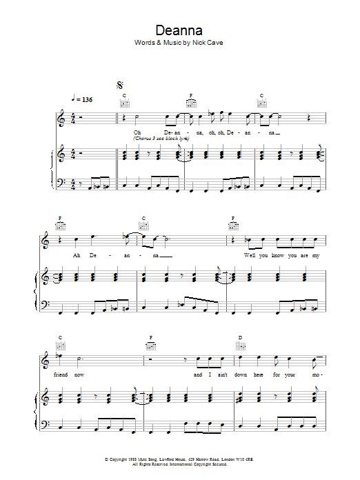 Nick Cave "Deanna" Sheet Music & Chords for Guitar Chords/Lyrics ...
