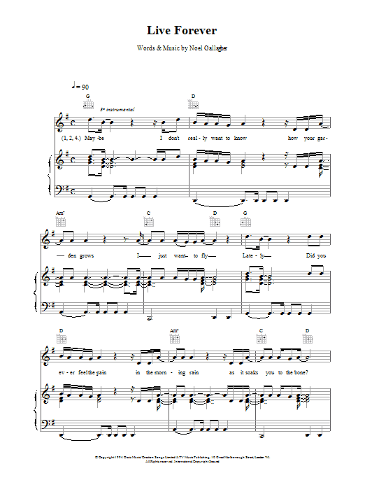 Oasis "Live Forever" Sheet Music for Piano, Vocal & Guitar | Download ...