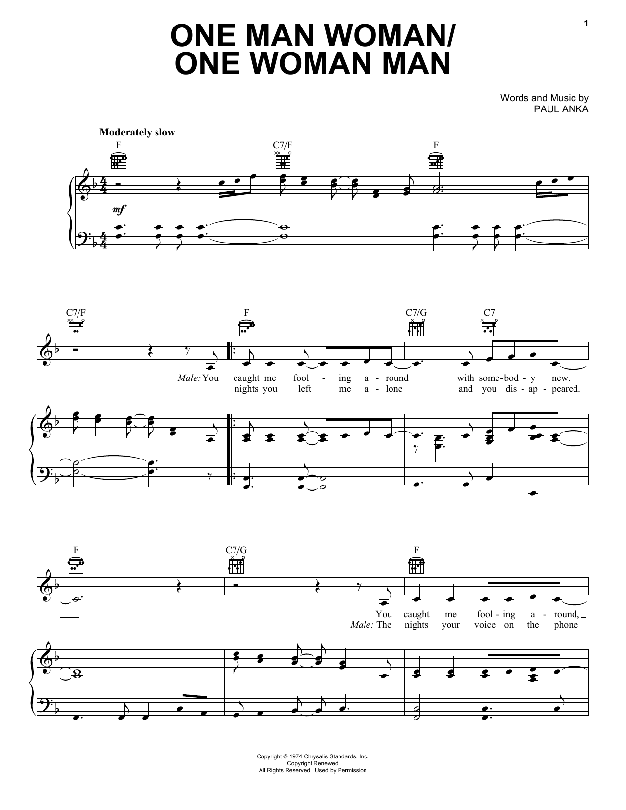 Paul Anka 'One Man Woman/One Woman Man' Sheet Music, Chords & Lyrics ...