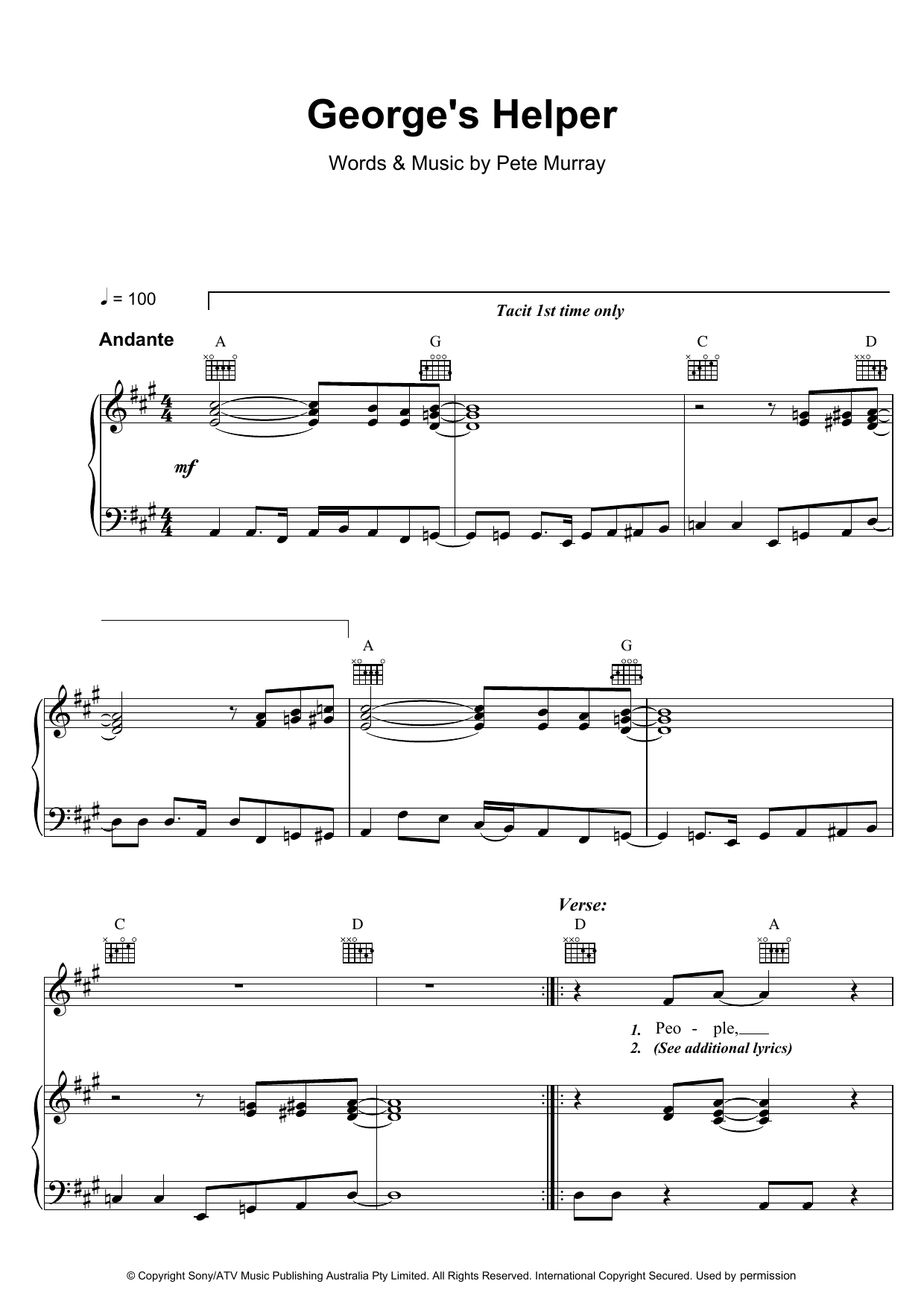 Pete Murray "George's Helper" Sheet Music for Piano, Vocal & Guitar ...