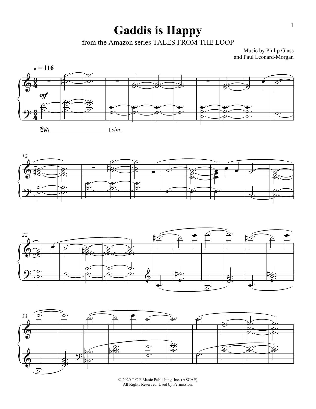Philip Glass and Paul Leonard-Morgan "Gaddis Is Happy" Sheet Music for ...