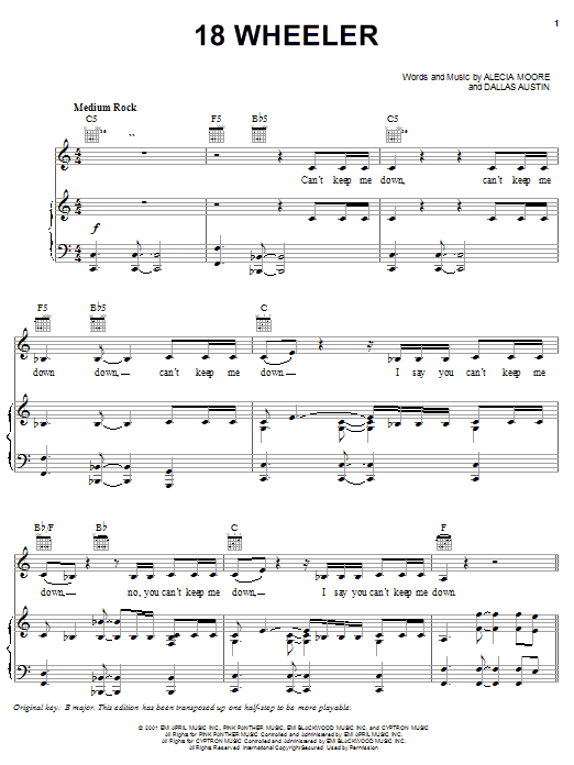 Pink "18 Wheeler" Sheet Music & Chords for Piano, Vocal & Guitar ...
