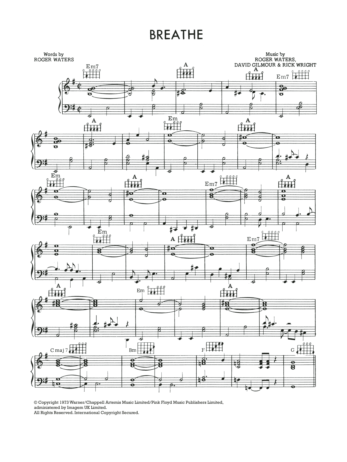 Breathe (In The Air) Sheet Music by Pink Floyd | Piano, Vocal & Guitar ...