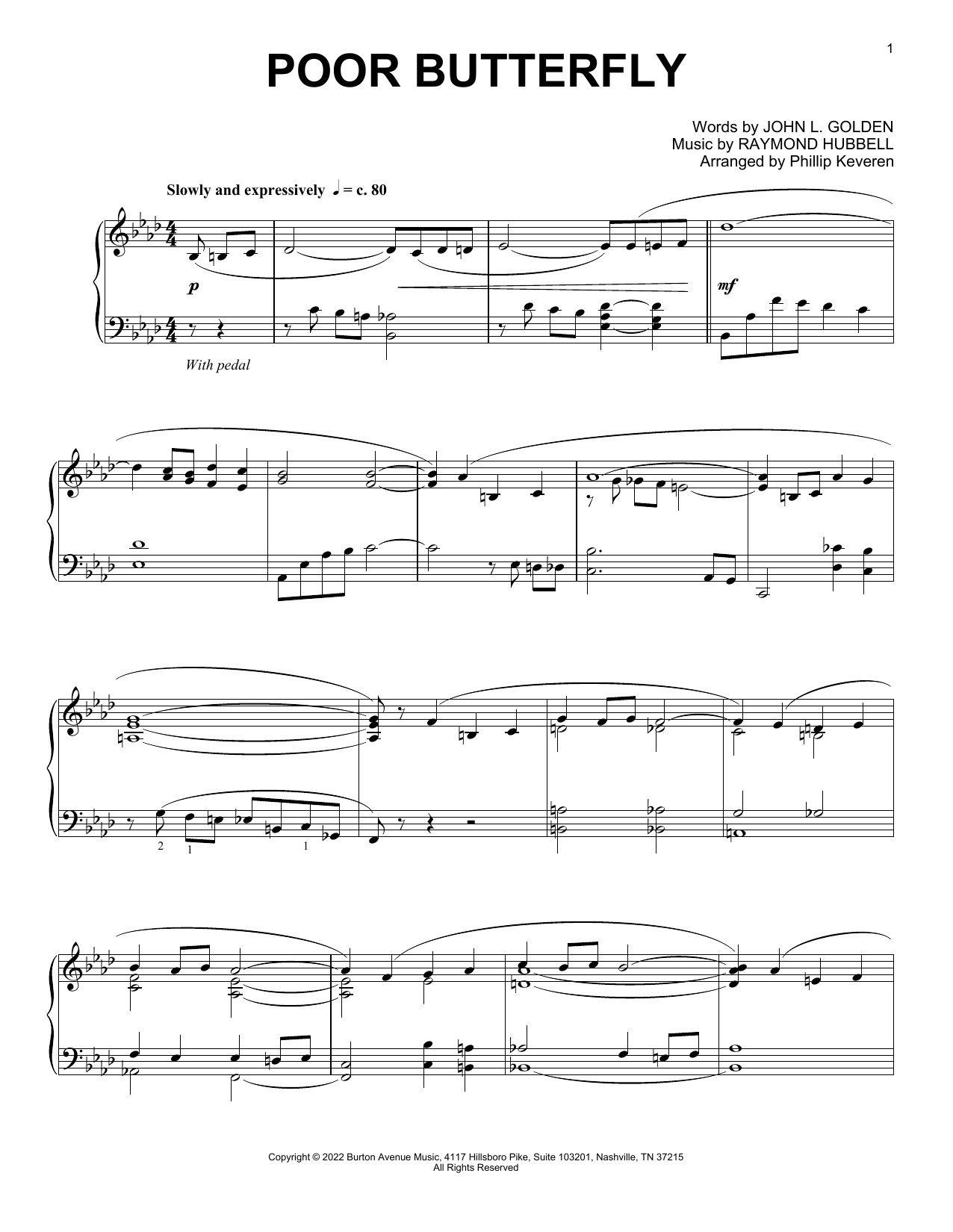 Raymond Hubbell "Poor Butterfly (arr. Phillip Keveren)" Sheet Music ...
