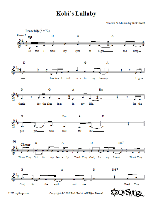Rick Recht "Kobi's Lullaby" Sheet Music PDF Notes, Chords | Traditional ...