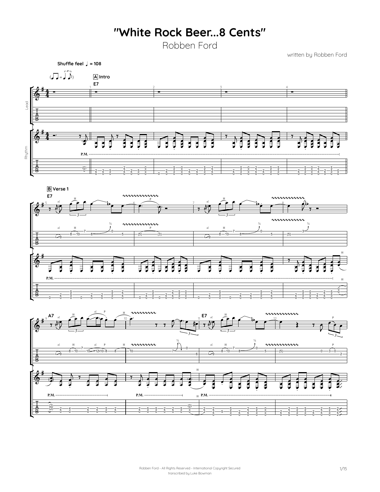 Robben Ford "White Rock Beer...8 cents" Sheet Music for Guitar Tab ...