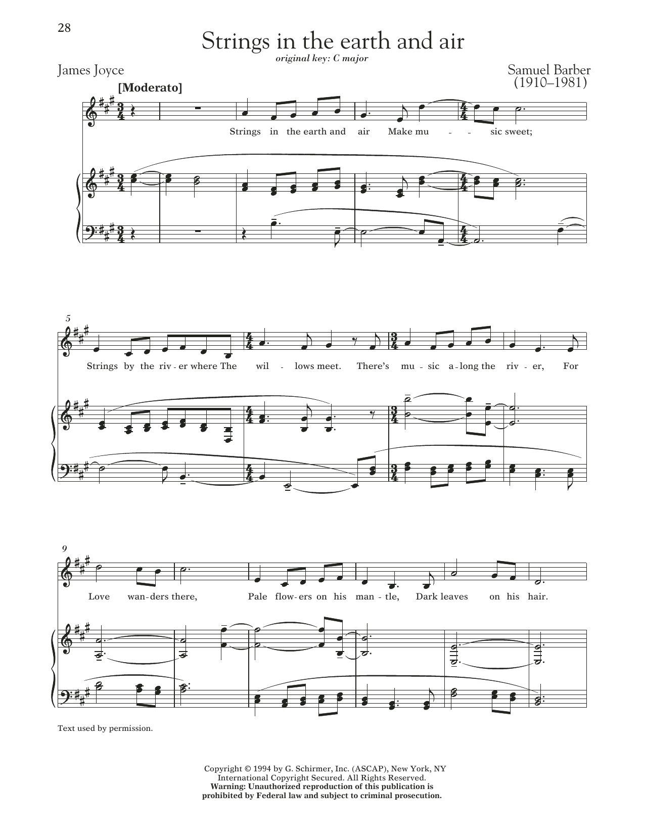 Samuel Barber "Strings In The Earth And Air" Sheet Music for Piano ...