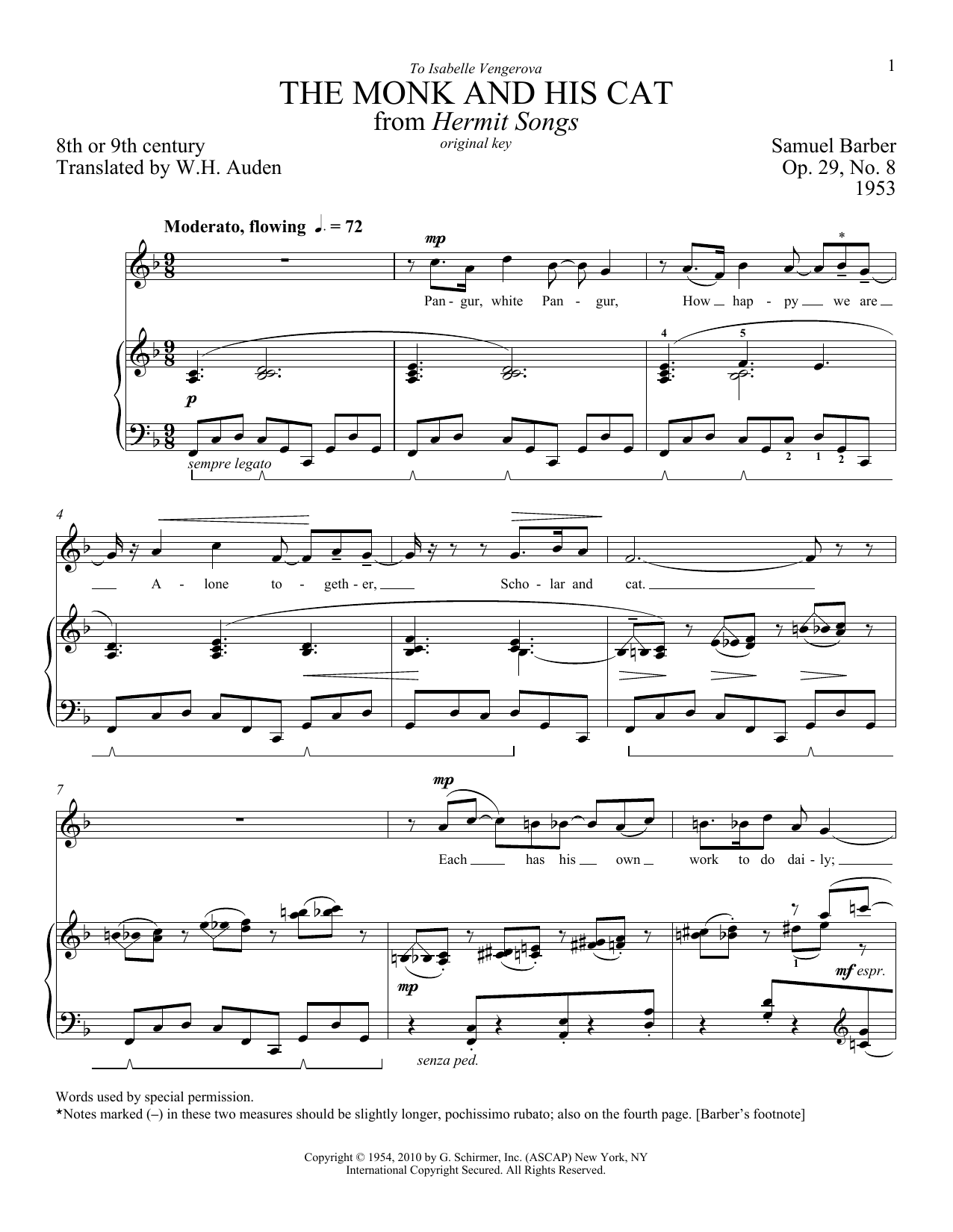 Samuel Barber "The Monk And His Cat" Sheet Music for Piano & Vocal ...