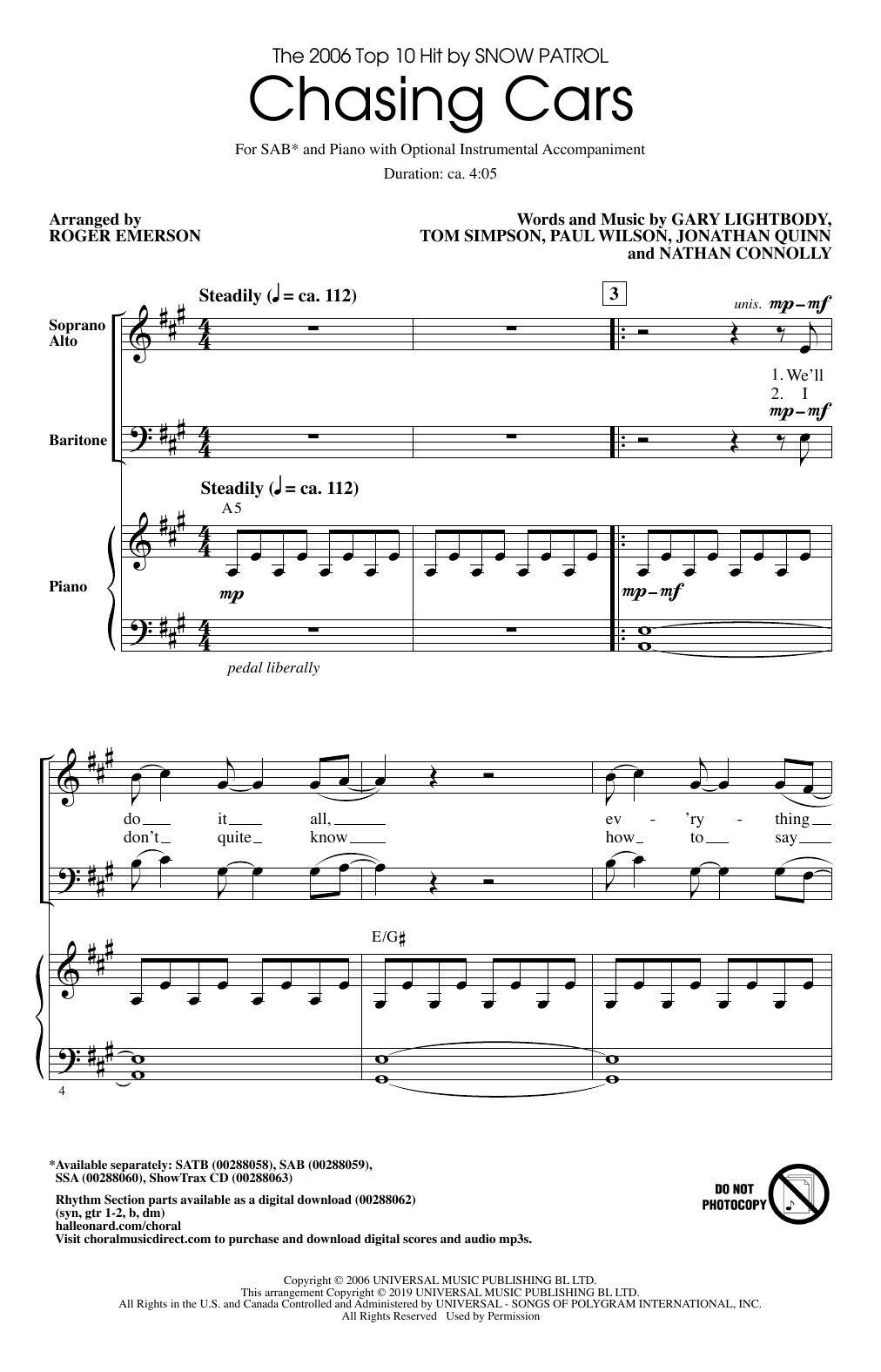Chasing Cars (arr. Roger Emerson) Sheet Music by Snow Patrol | SATB ...