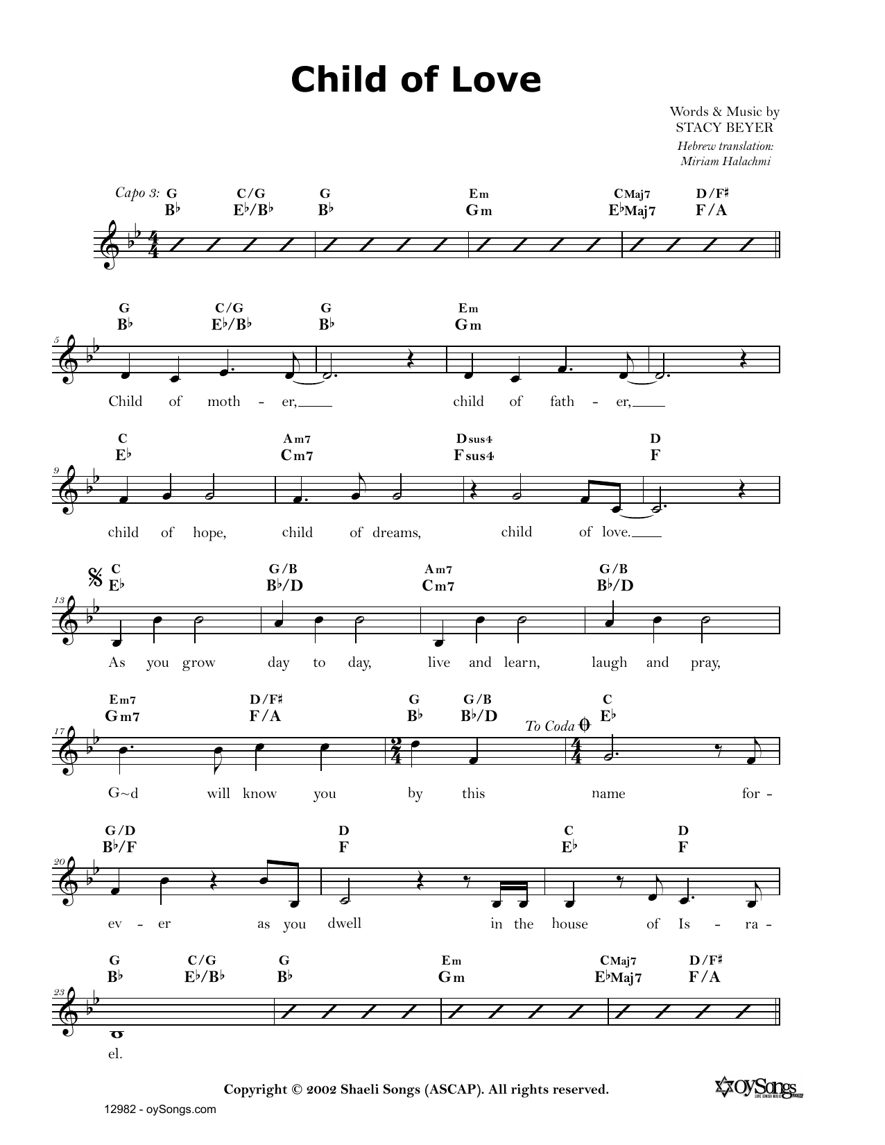 Download Stacy Beyer "Child of Love" Sheet Music & PDF Chords | 3-Page ...