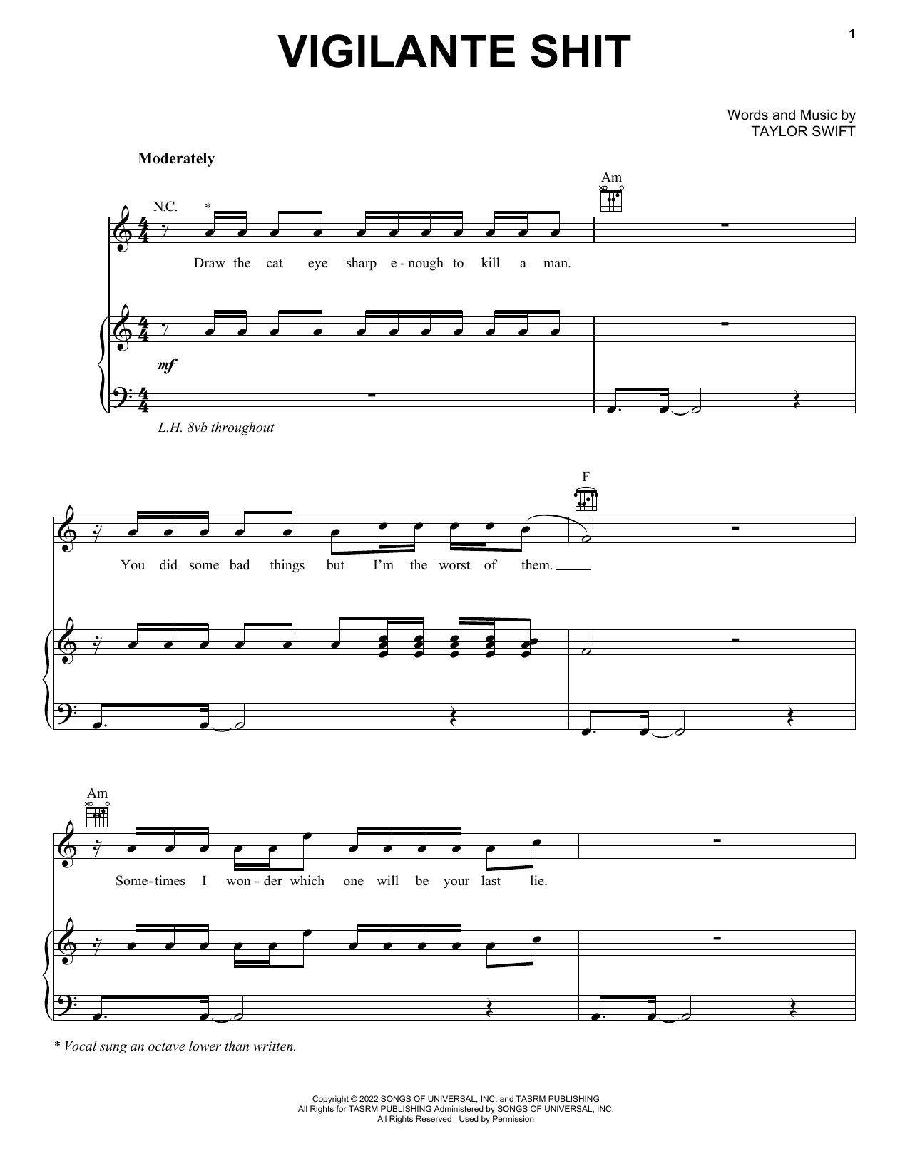 Vigilante Shit Sheet Music by Taylor Swift | Piano, Vocal & Guitar ...