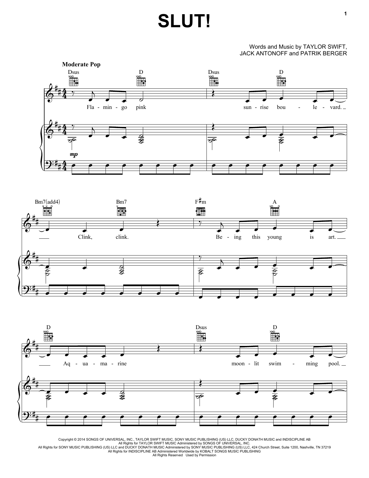 Taylor Swift Slut Sheet Music For Piano Vocal And Guitar Download Pdf 1412958
