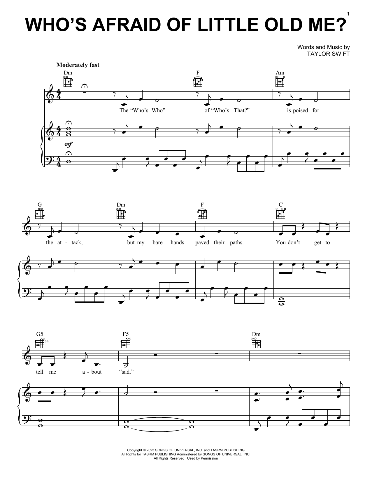 Taylor Swift "Who's Afraid of Little Old Me?" Sheet Music for Easy ...