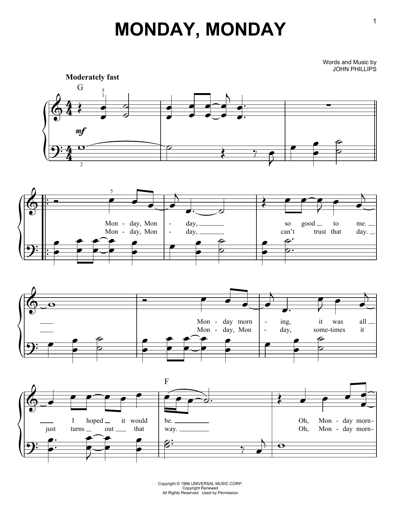 The Mamas & The Papas "Monday, Monday" Sheet Music for Easy Piano ...