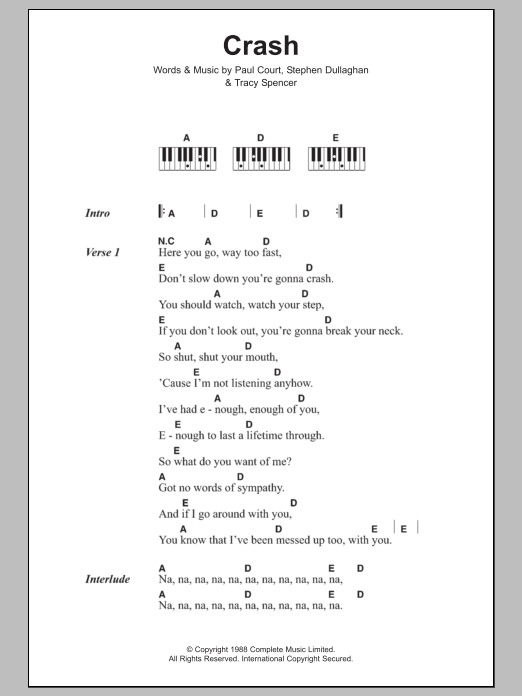 Crash Sheet Music by The Primitives | Piano Chords/Lyrics | Download 2 ...