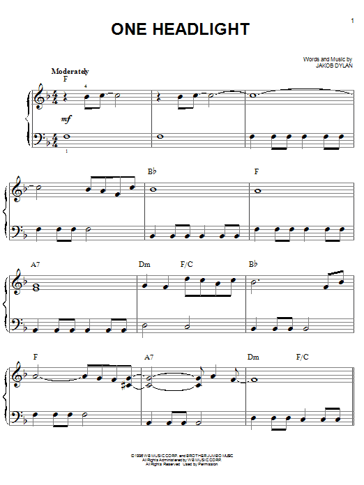 The Wallflowers "One Headlight" Sheet Music for Easy Piano | Download ...