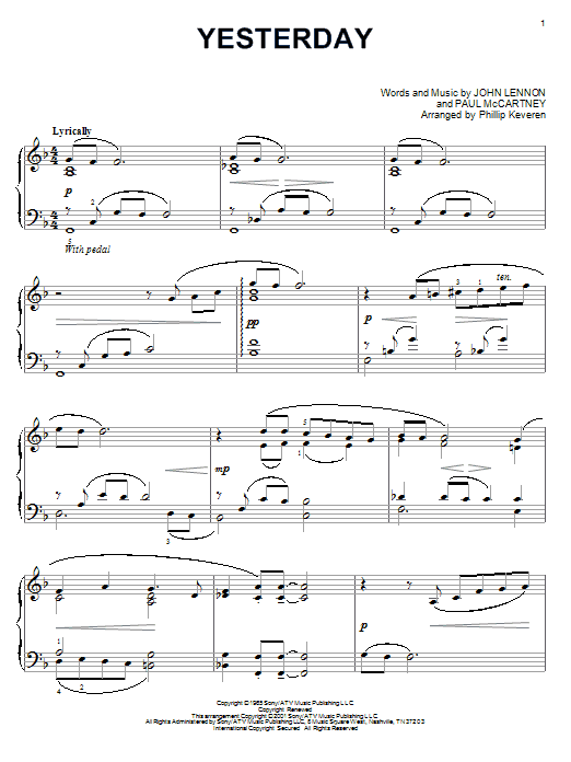 The Beatles "Yesterday" Sheet Music for Piano Solo | Download PDF - 58334