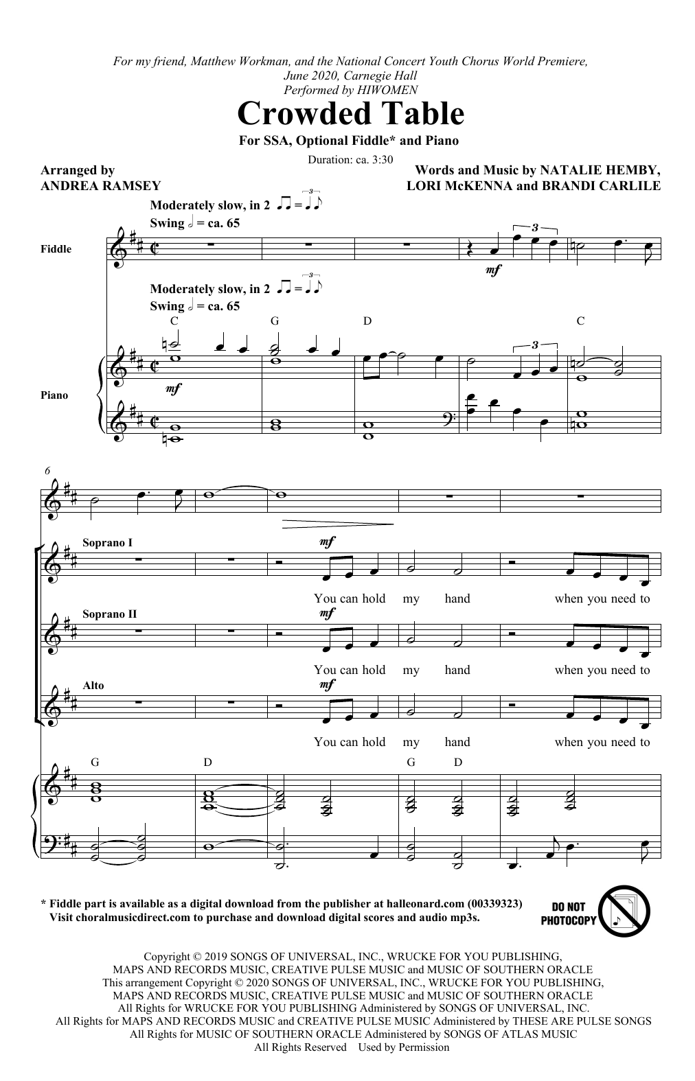 The Highwomen "Crowded Table" Sheet Music for SSA Choir | Download PDF ...