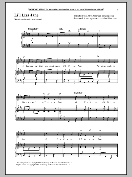 Traditional 'Li l Liza Jane' Sheet Music & Chords | Printable Piano ...