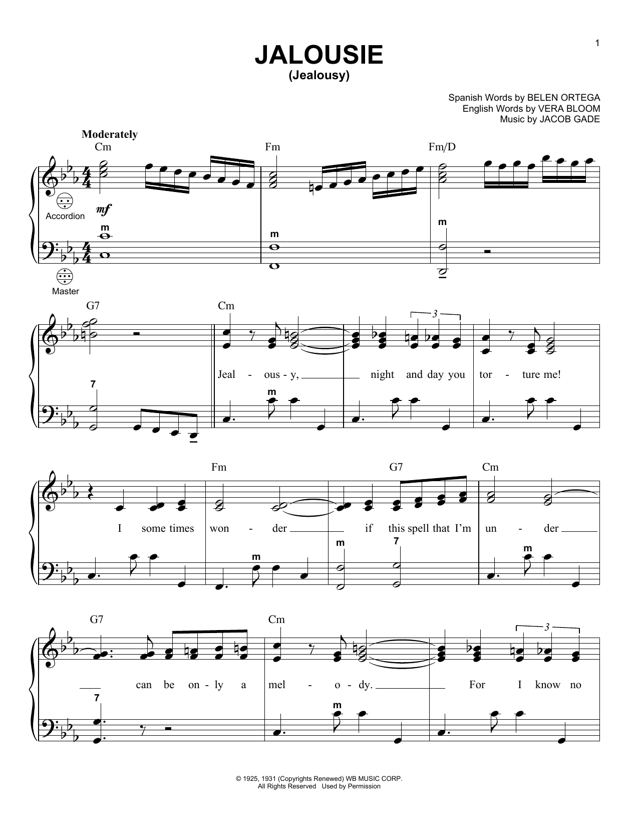 Vera Bloom "Jalousie" Sheet Music for Accordion | Download PDF - 158024
